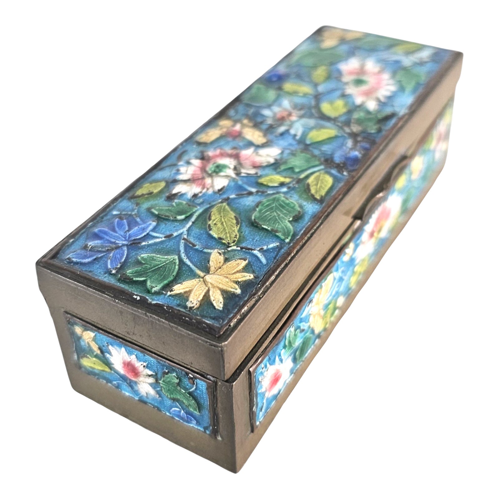 Chinese Brass Enamel Hinged Stamp Box Trinket Box | Chairish