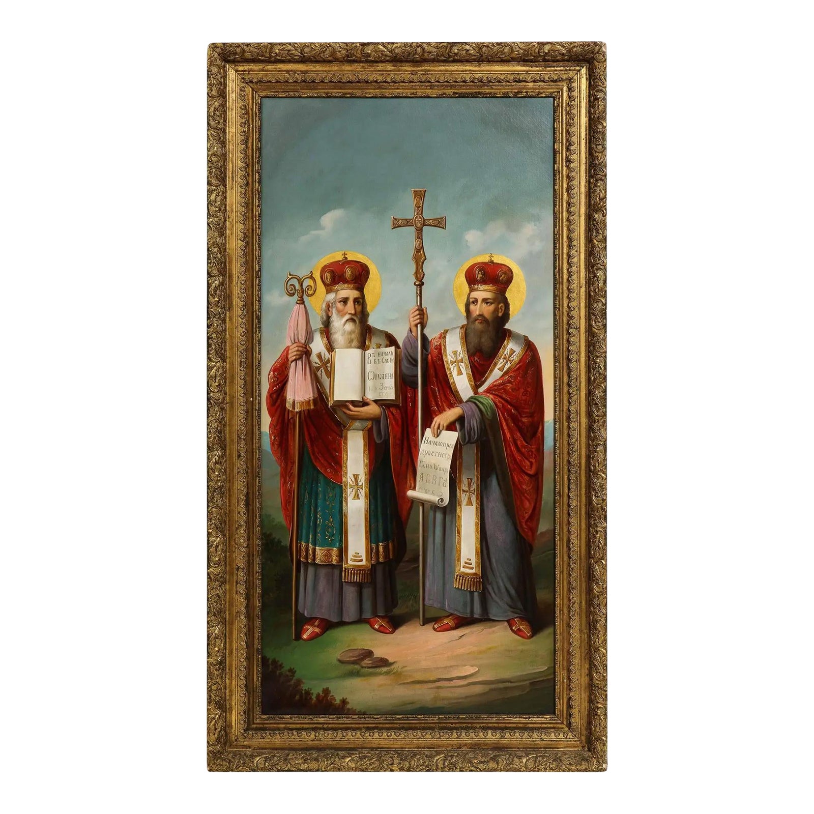 19th Century Slavic School Large Oil Painting "Saints Cyril and ...