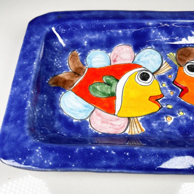 1990s Hand Painted Art Plate Blue Fish Nino Parrucca Ceramiche Palermo ...