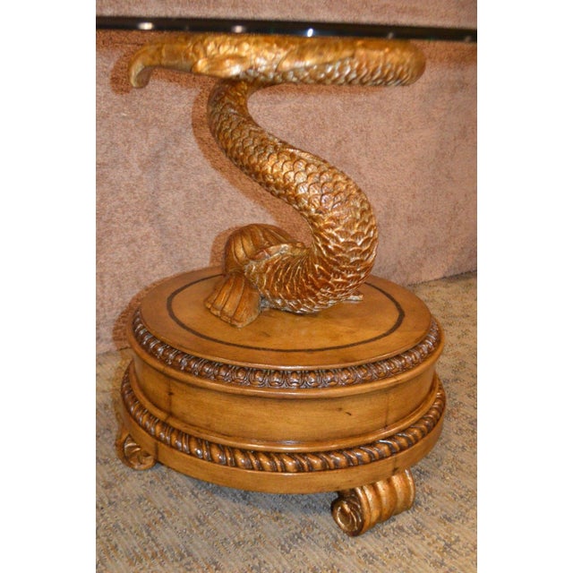 Carved Dragonfish Glass Top Accent Table | Chairish