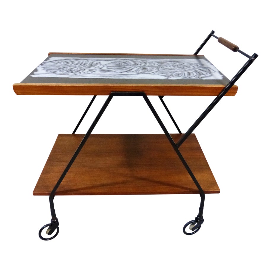 Teak Trolley with Botanical Tile Top, 1960s | Chairish