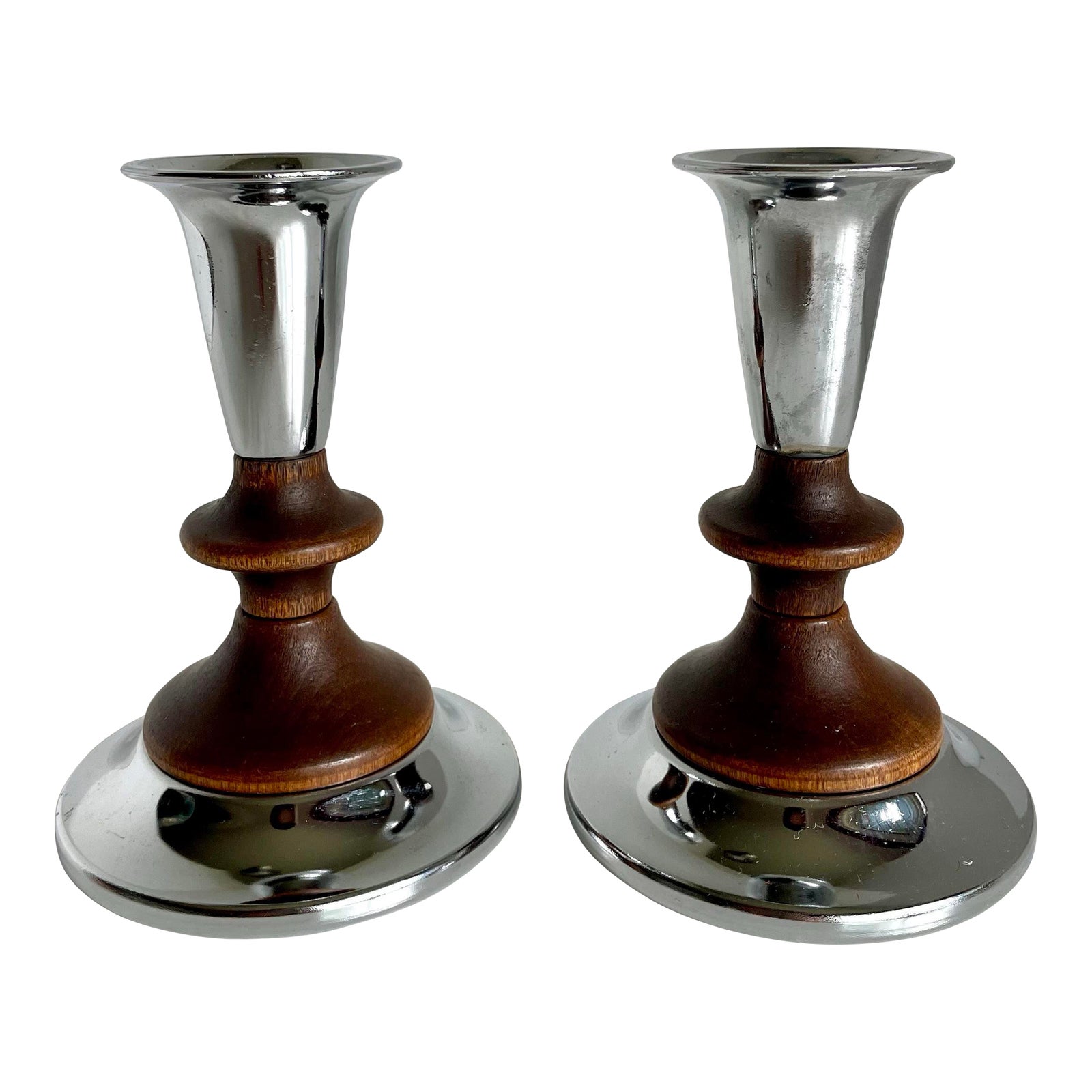 Pair of Mid-Century Modern Kromex Chrome Finish and Wood Candle Holders ...