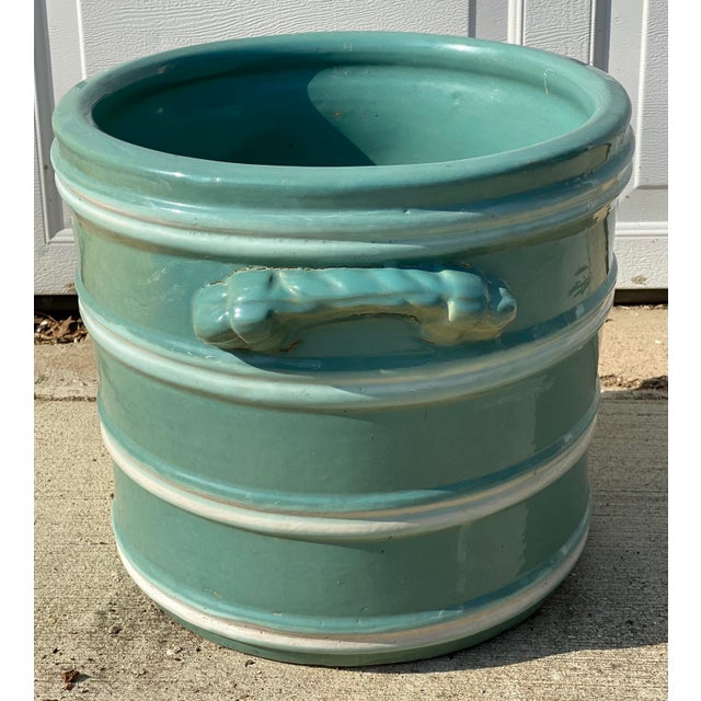 Mid Century Round Aqua Planter with Raised White Stripes | Chairish