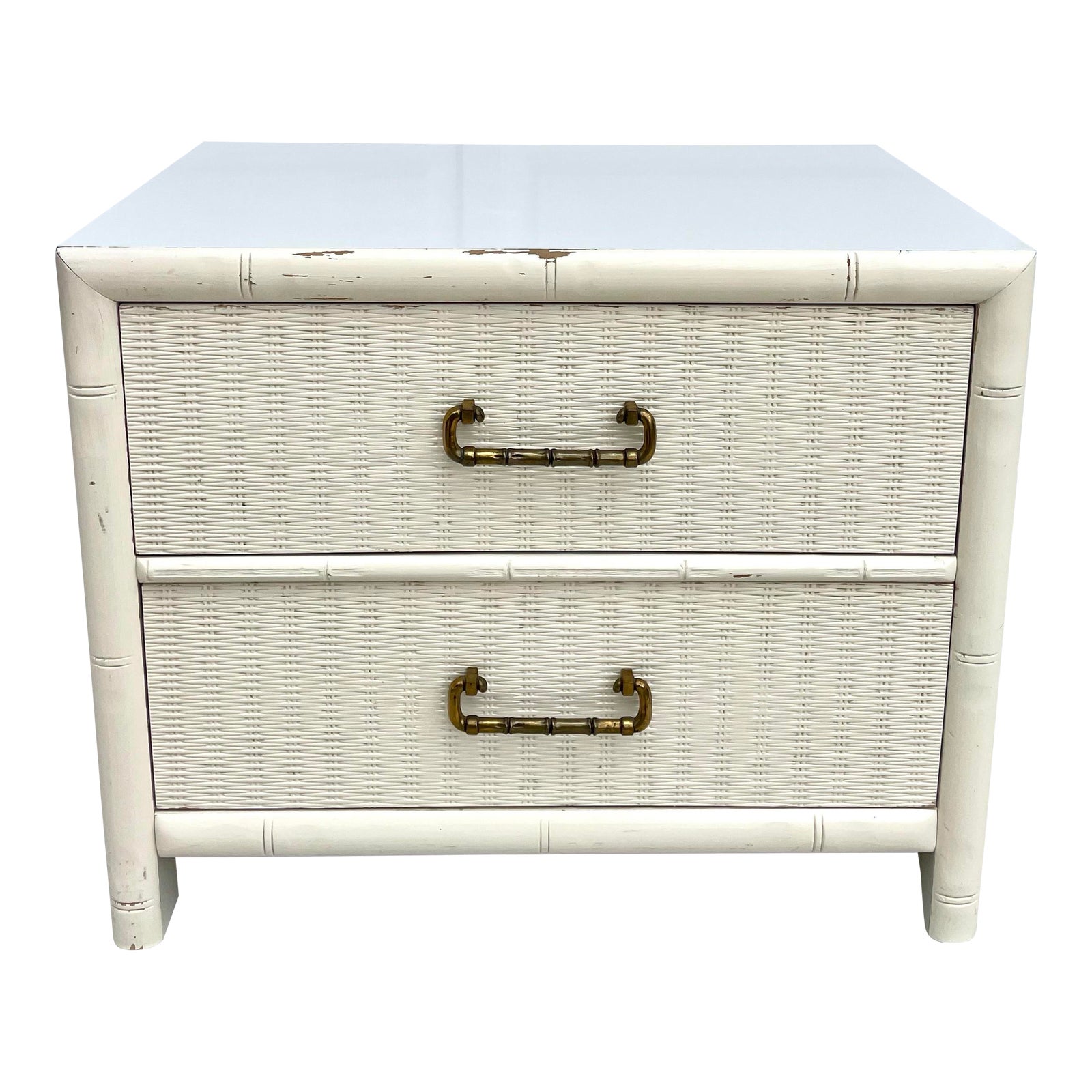 1960's White Faux Bamboo 2-Drawer Nightstand | Chairish