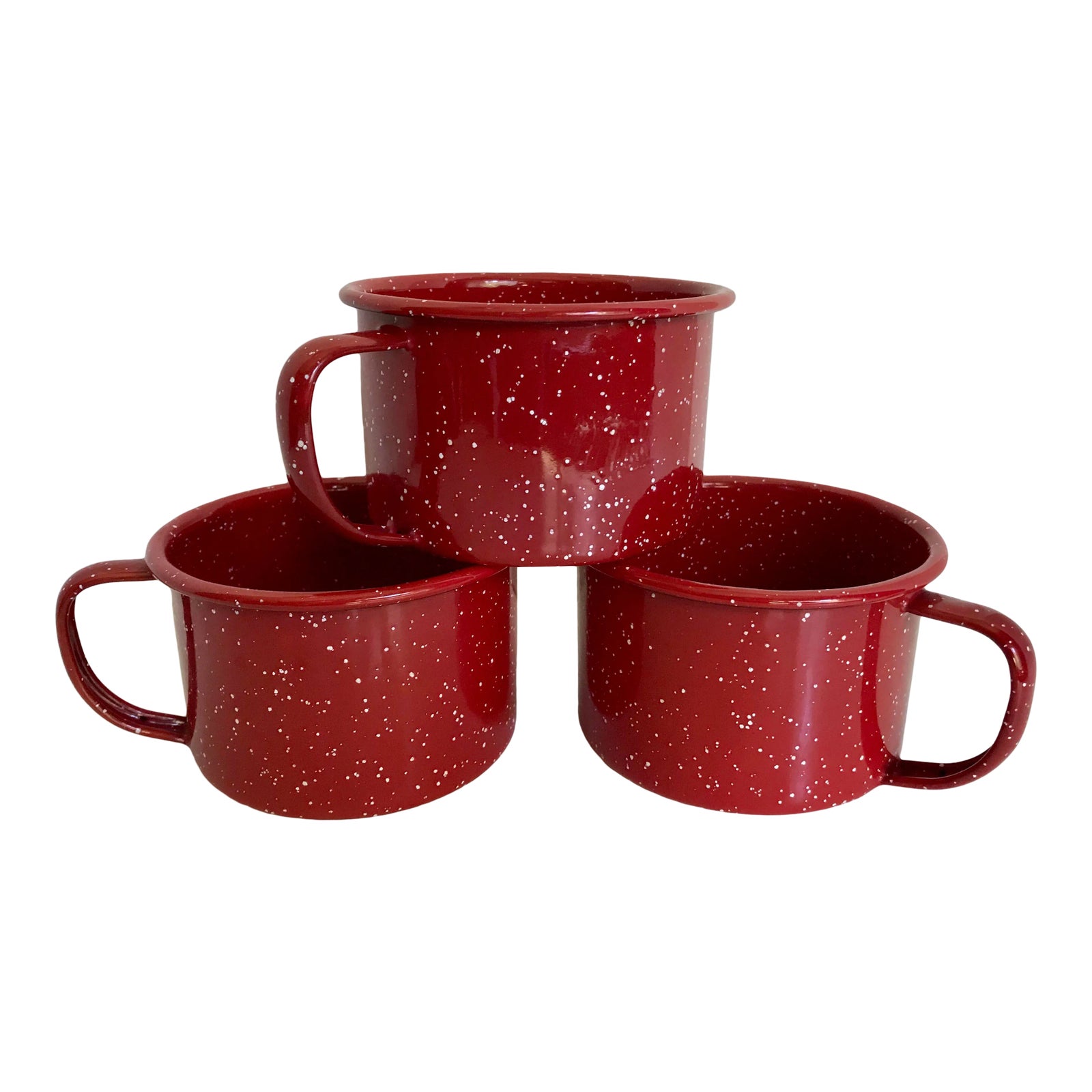 Vintage Red Enamel Splatter Ware Mugs - Set of Three | Chairish