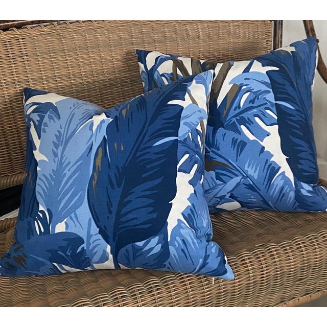 Classic Banana Leaf Tropical Pillows in Blue - a Pair | Chairish