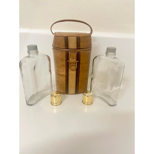 Vintage Two Glass Flasks in Zippered Leather Travel Case- 3 Pieces ...