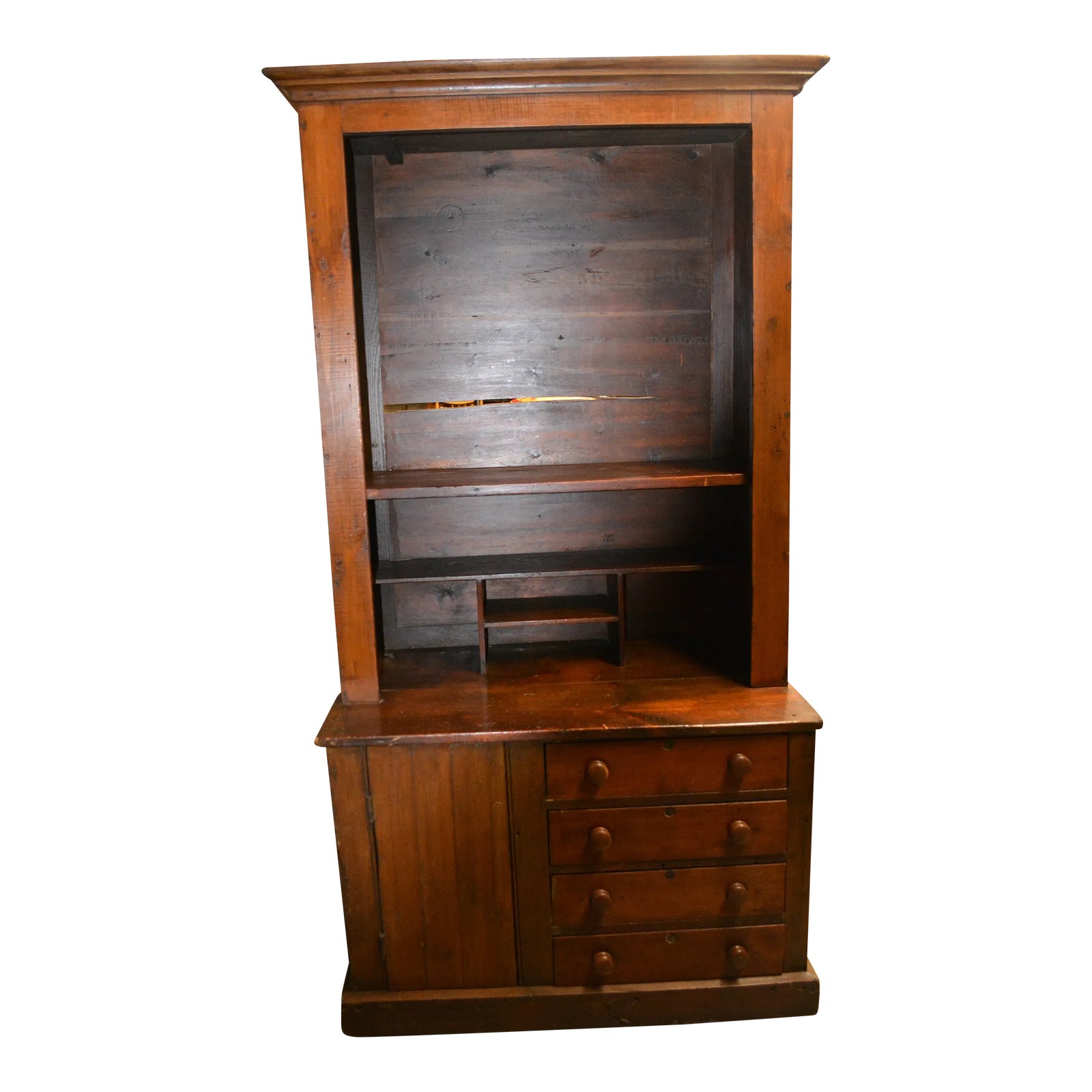1950s Vintage Dark Pine Rustic Farmhouse Open Top Hutch With Shelf & 4 ...