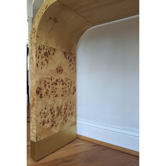 Modern Burlwood and Brushed Brass Waterfall Console Table | Chairish