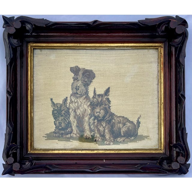 Needlework Terrier Dogs in Carved Wood Frame, Early 20th Century | Chairish