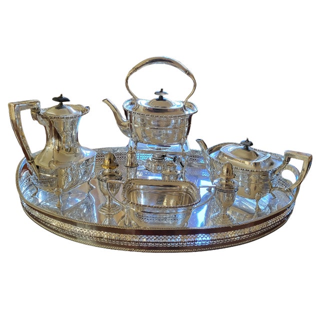 English Silver Coffee Game and Silver Tray, Set of 9 | Chairish