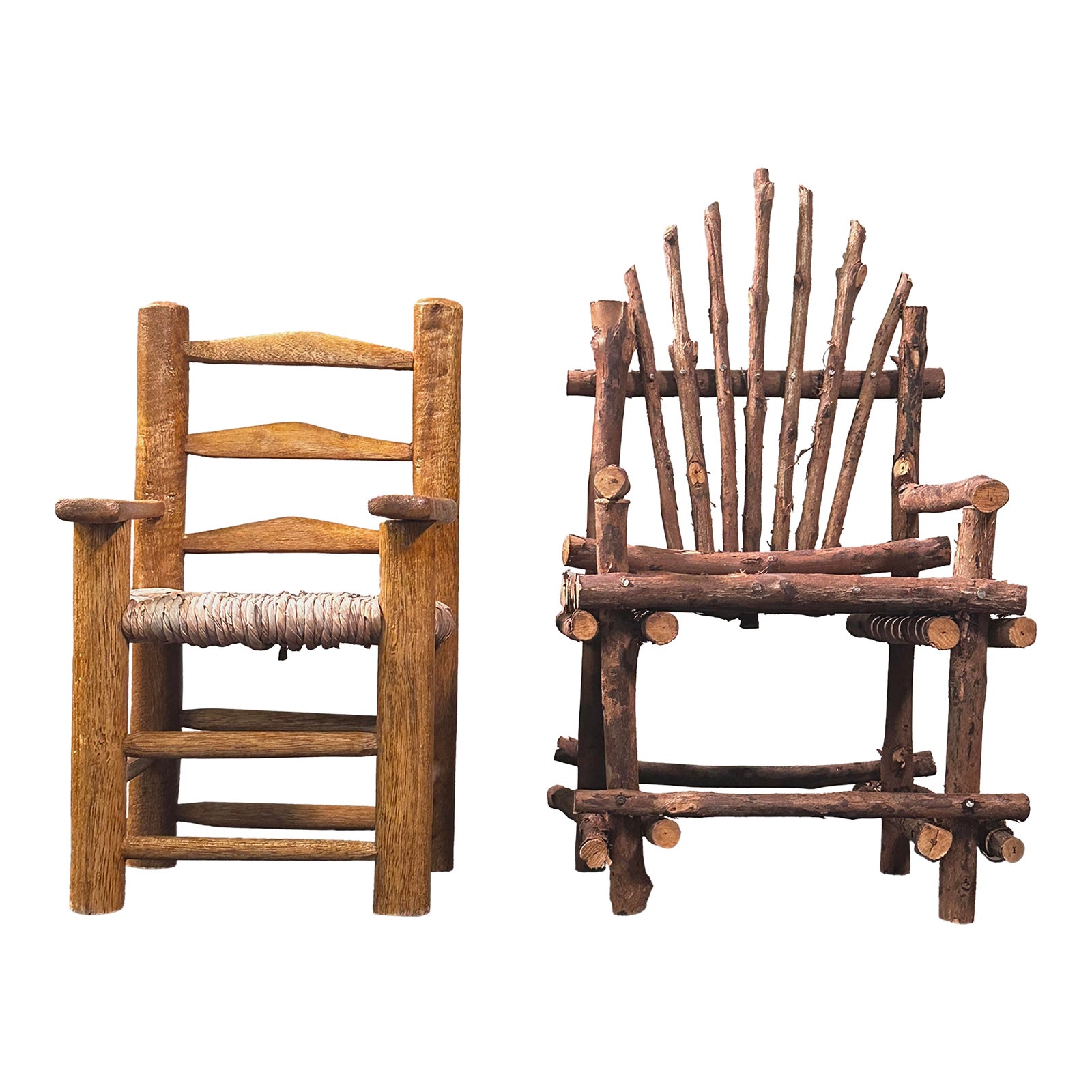 Vintage Pair of Miniature Chairs (Twig Chair and Rush Straw Seat Chair ...
