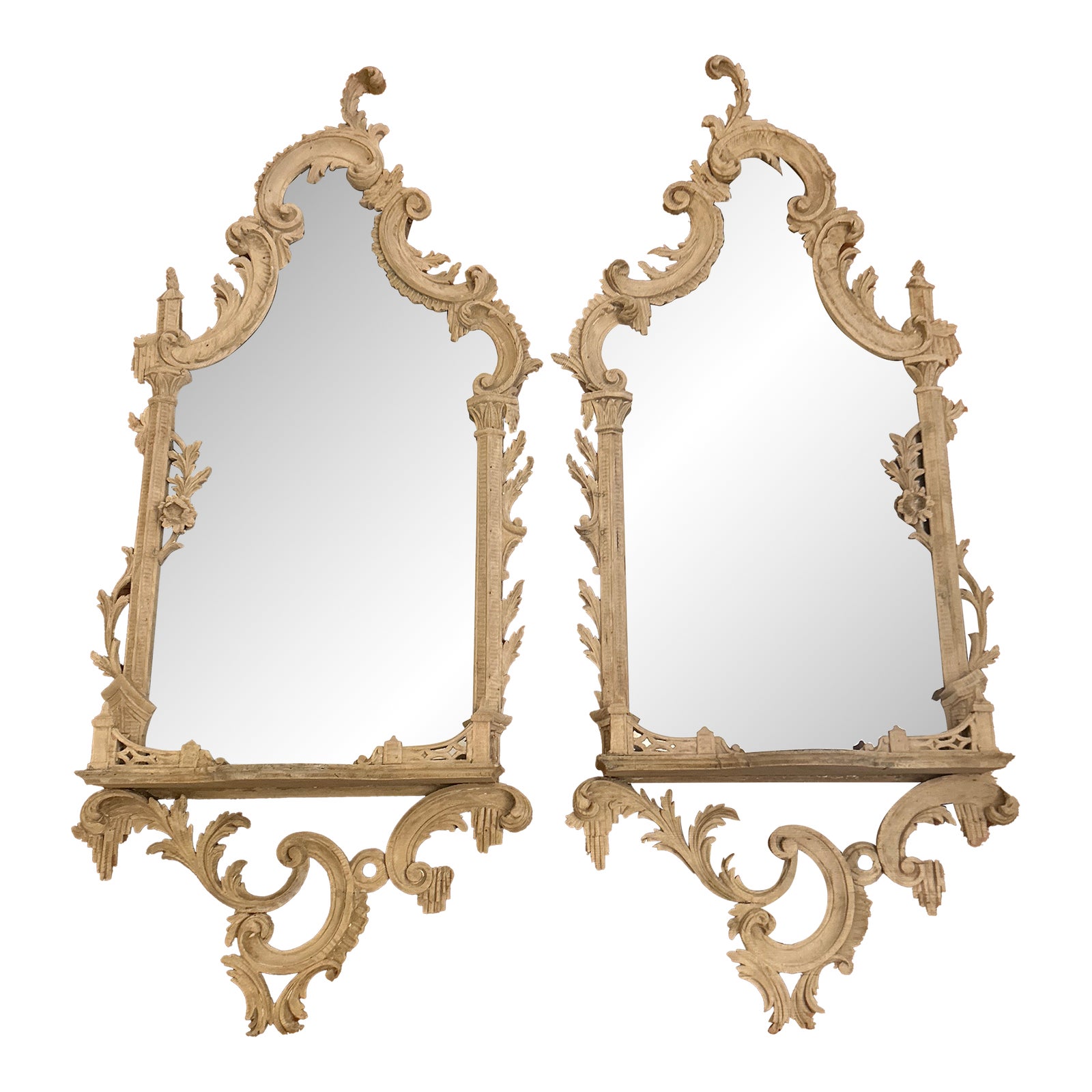 Pair Stripped Wood Italian Rococo Cartouche Shaped Mirrors With Shelves ...