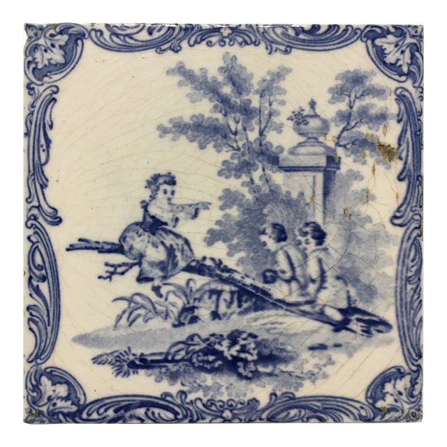 Minton Blue + White Children Playing Delft Tile | Chairish