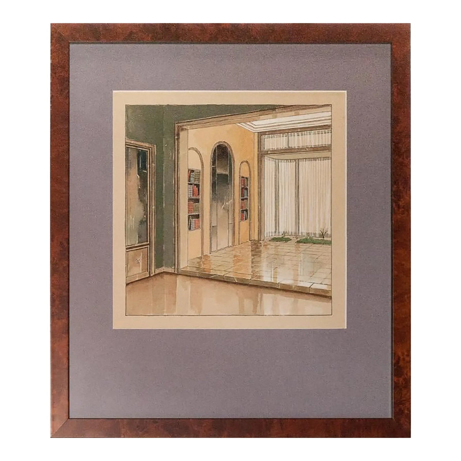 Mid 20th Century Atrium Library Watercolor, Framed | Chairish