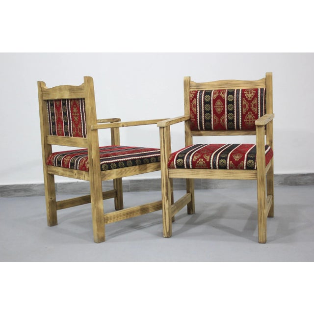 1990s Turkish Wooden Kilim Rug Chairs - a Pair | Chairish