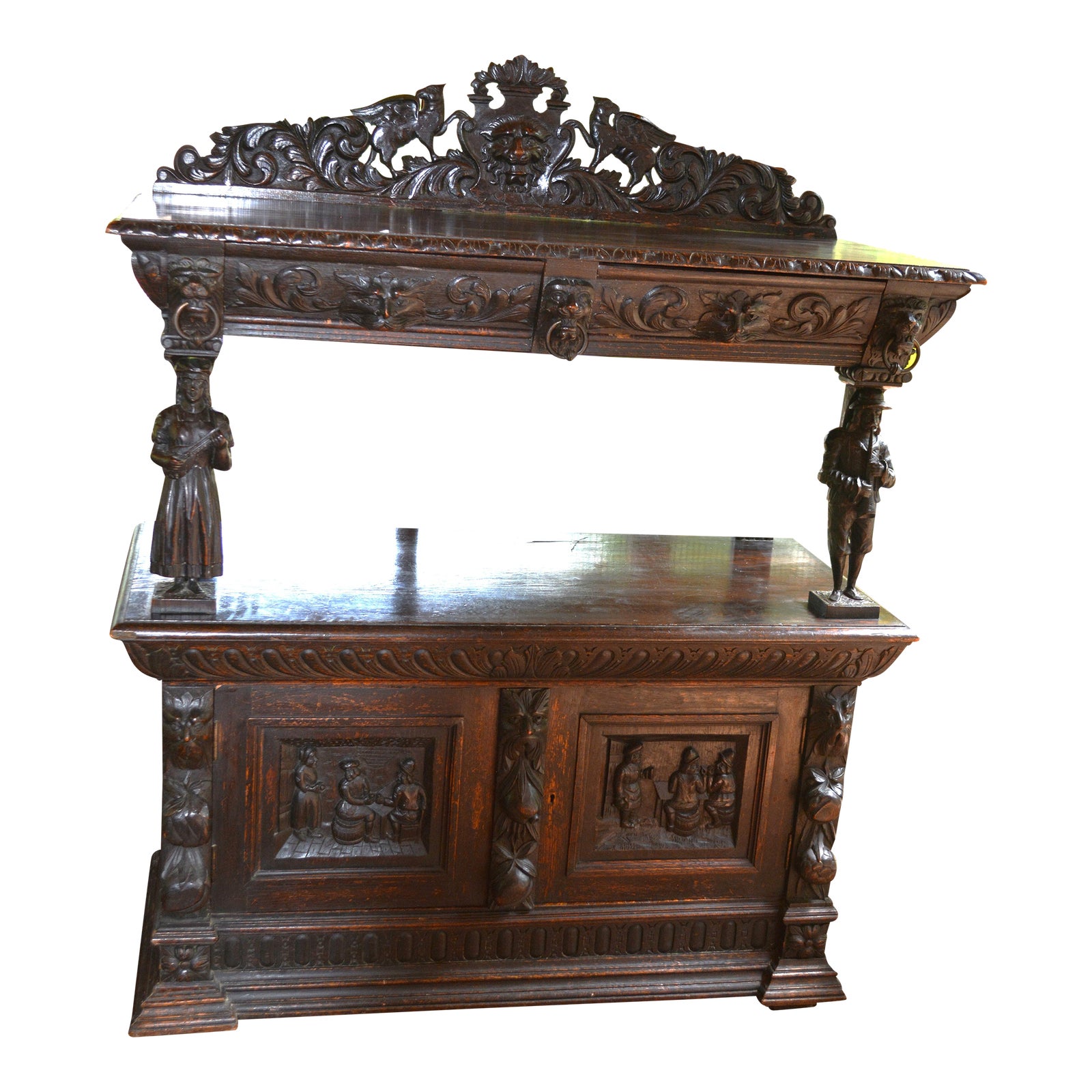 1900s Antique Carved English Buffet / Server Cabinet With Figural Front ...