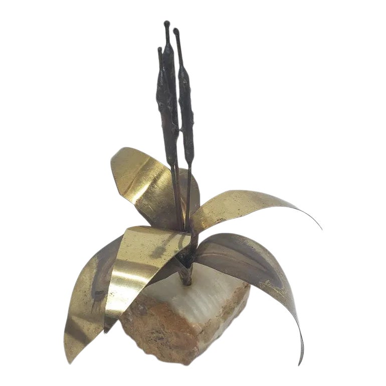 Mid-Century Modern Brass Metal on Marble Base Cattails Sculpture by ...
