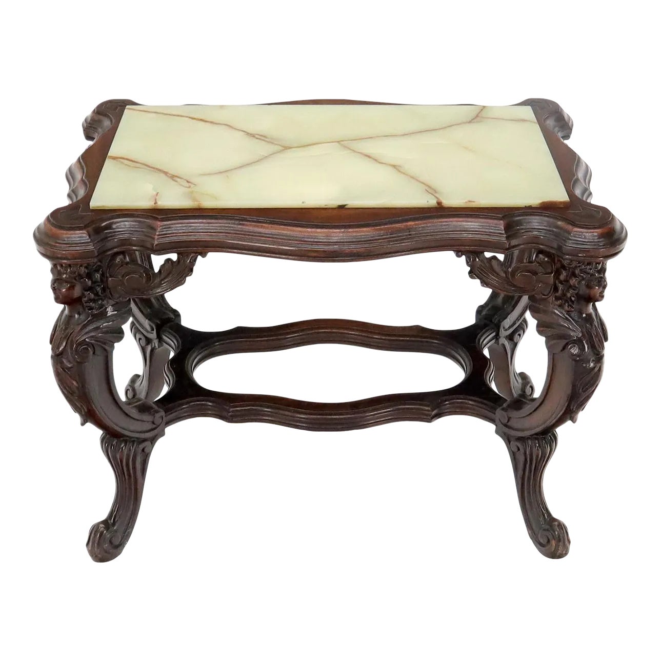 Onyx Marble Top Carved Cherubs Walnut Side End Coffee Table | Chairish
