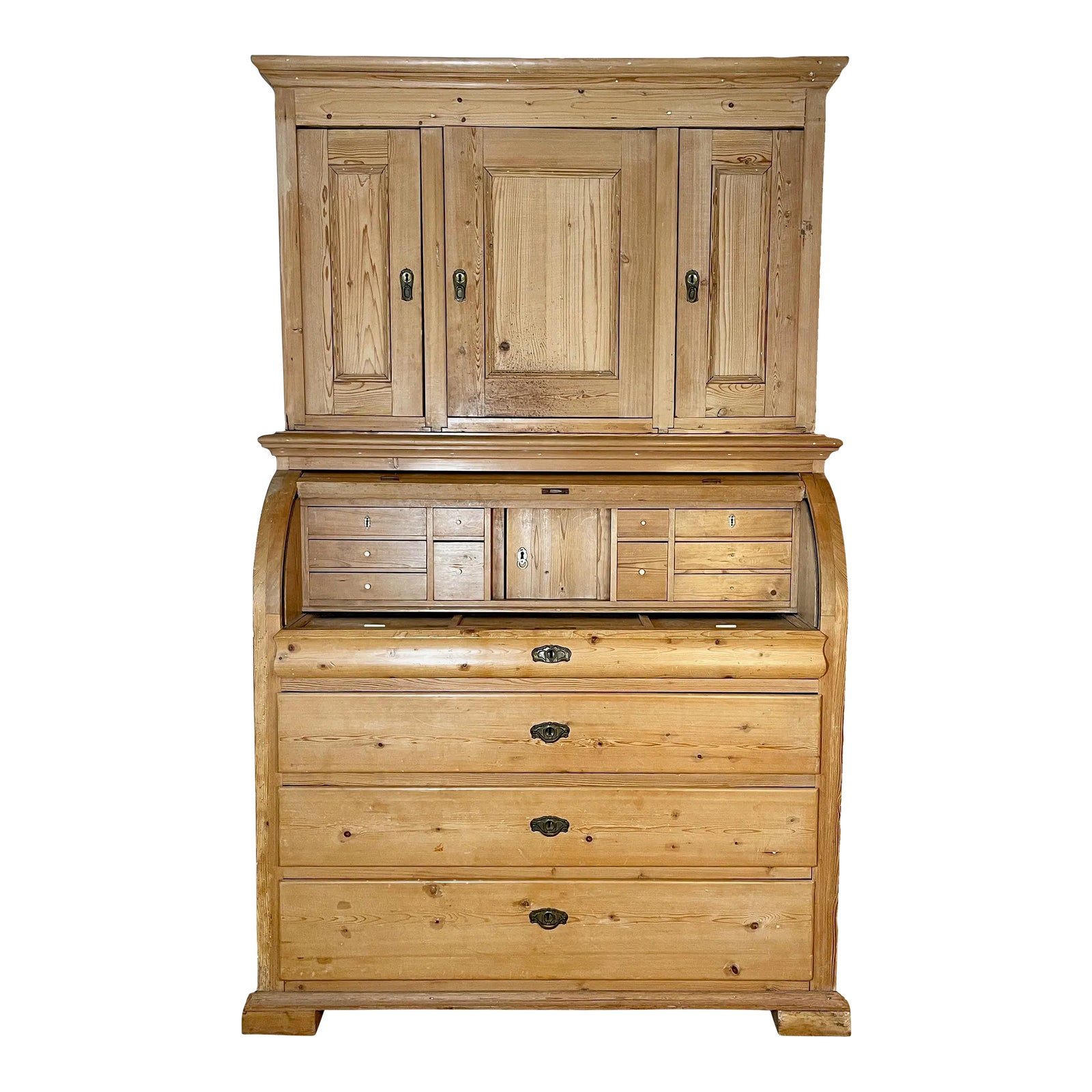 1888 Pine Highboy Storage Hutch With Roll Top Desk Secretary - | Chairish