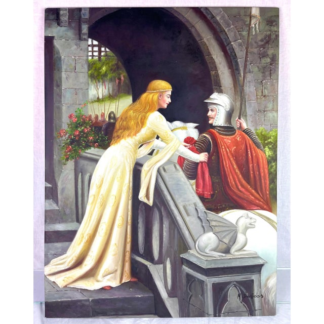 Medieval Couple Blonde Lady With Knight on Horse Oil Painting | Chairish