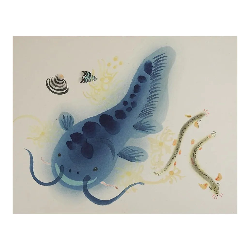 Mid 20th Century Japanese Mingei Folk Art Stencil Catfish Print | Chairish
