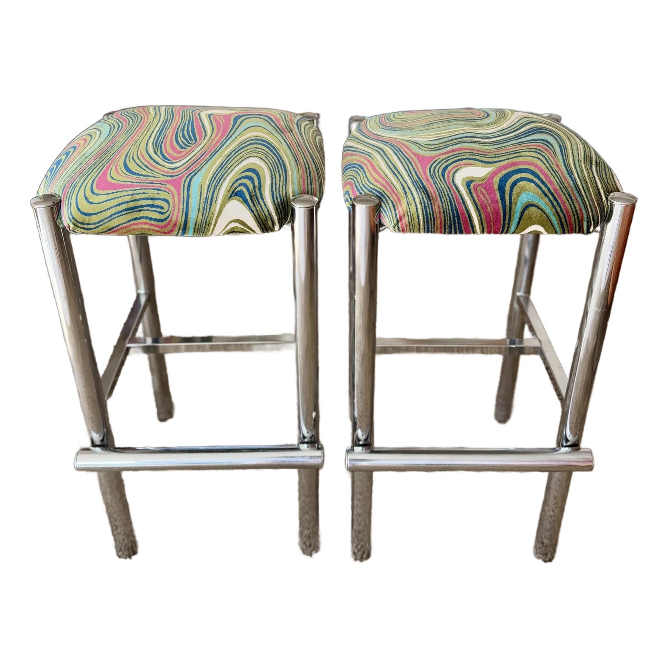Set of 2 Sleek Cal-Style Chrome Stools Reupholstered in a Groovy Velvet ...