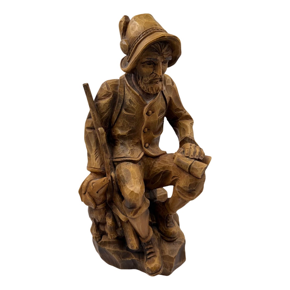 Vintage Hand-Carved Wooden Figure of a Hunter with Dog in the style of ...