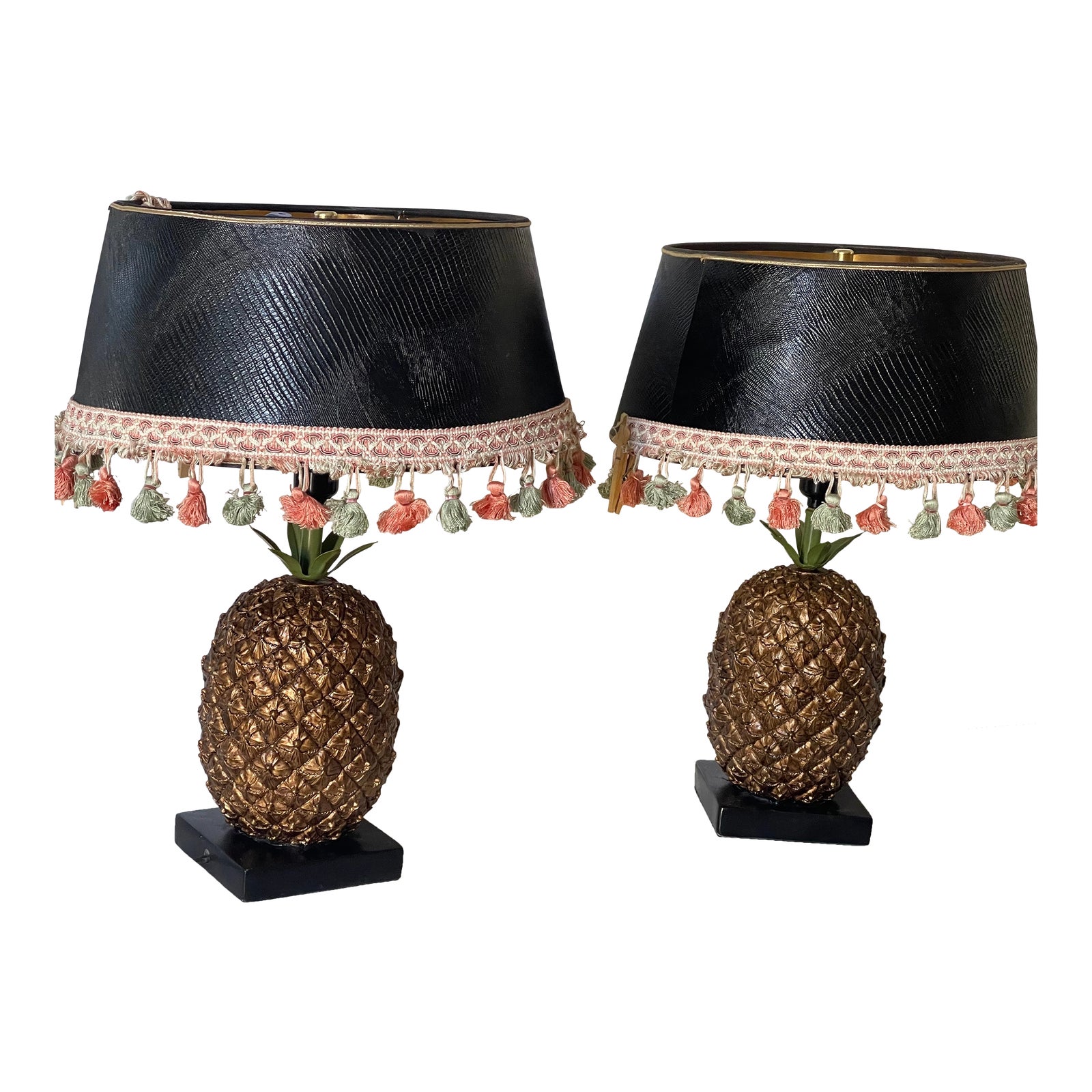 Pair of 1970s Coastal Pineapple Lamps With Fringed Shades | Chairish
