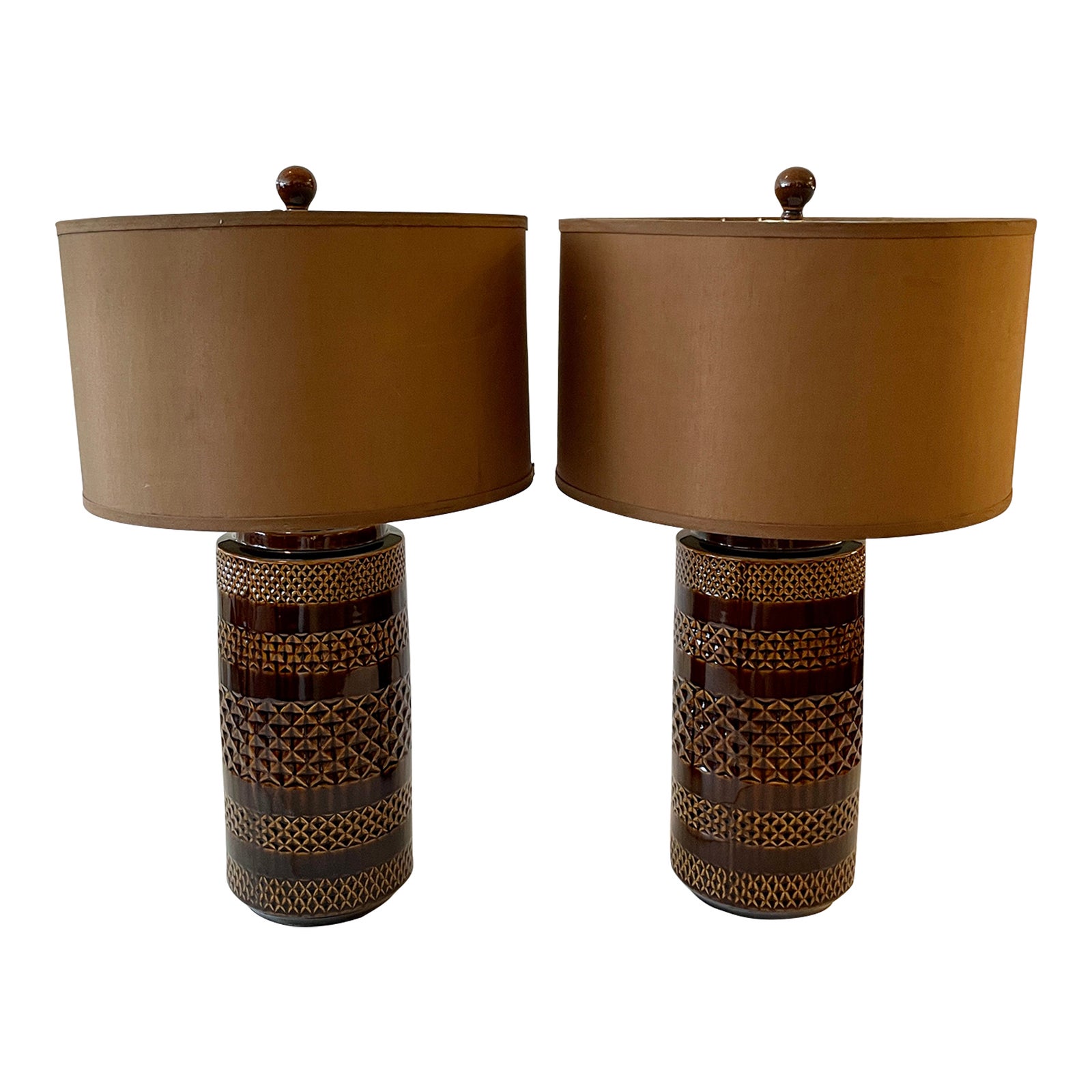 Pair Textured Glossy Brown Table Lamps From 70's | Chairish
