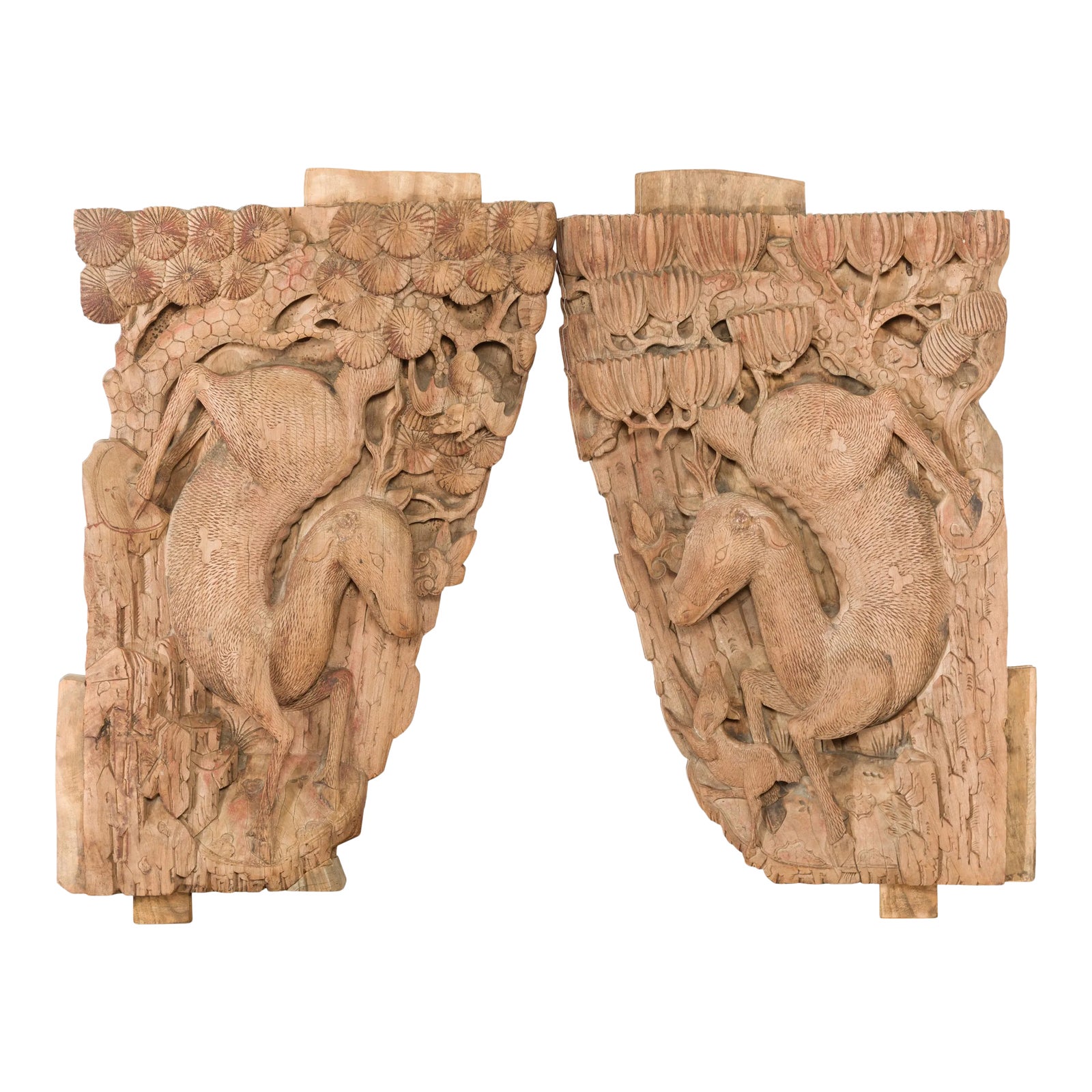 Qing Dynasty Hand-Carved Wooden Temple Corbels with Deer Motifs - A ...