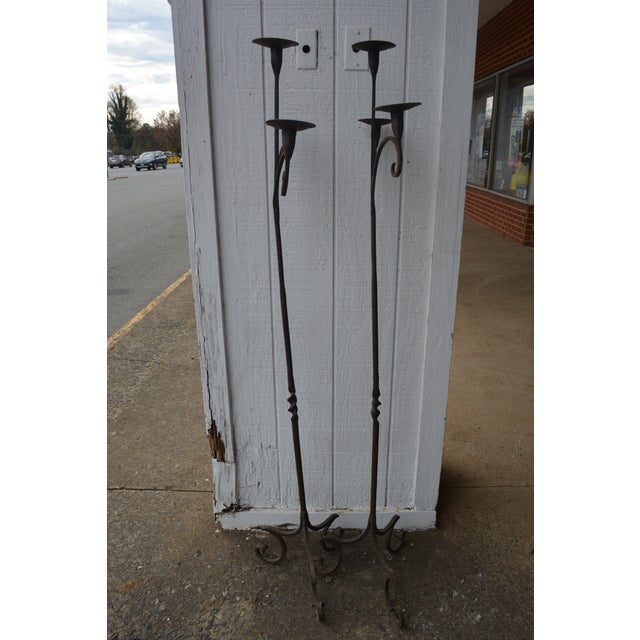 Vintage Pair of Hand-Forged Black Wrought Iron Floor Standing 3 Light ...