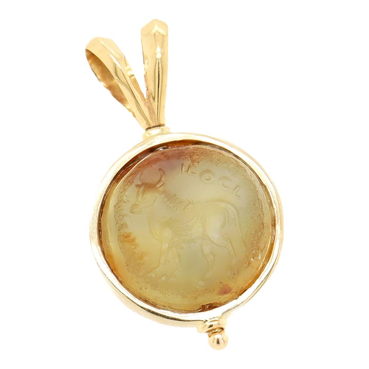 Antique Taurus Zodiac Carved Agate Intaglio Bead Mounted as a 14k Gold ...