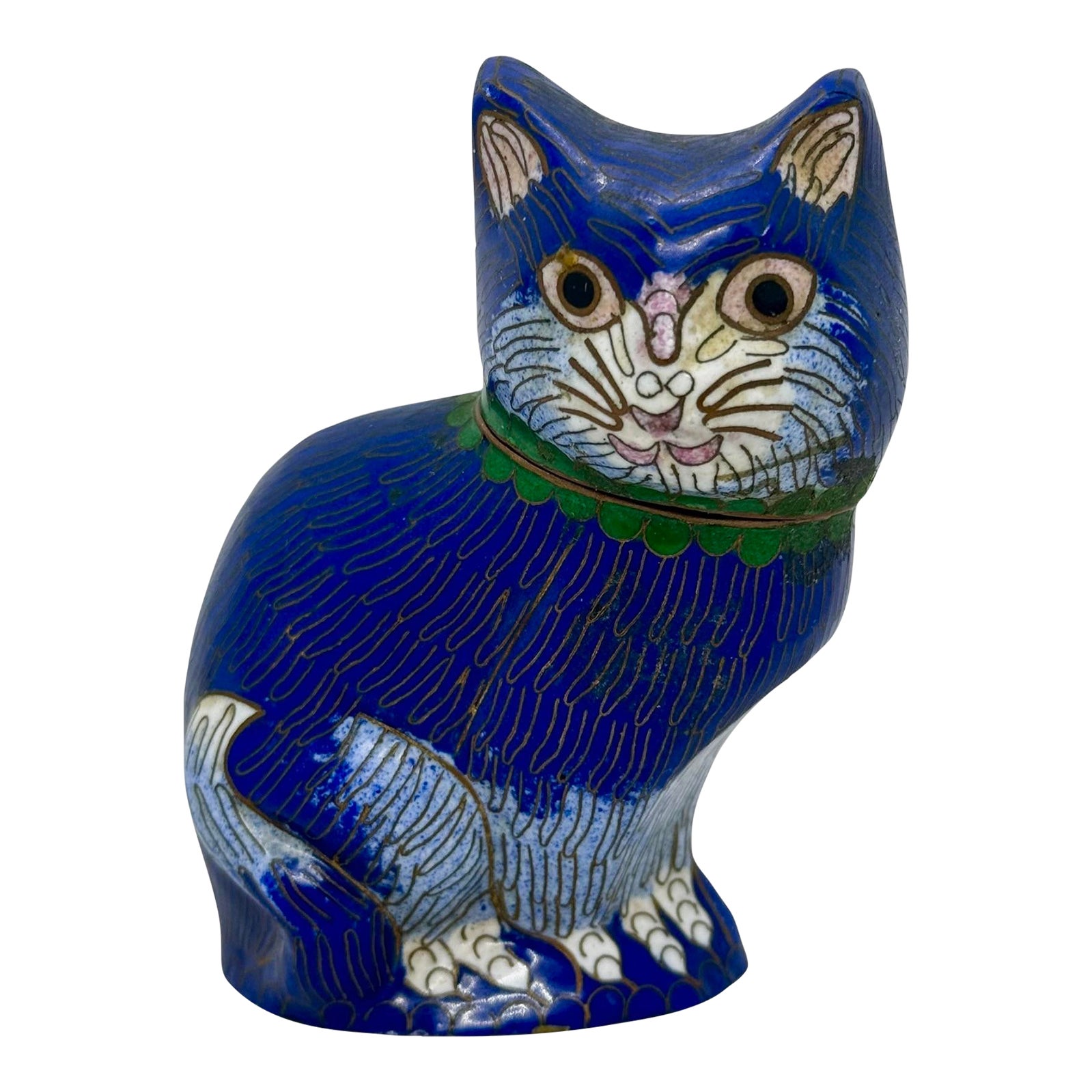 Vintage Blue Enamel on Brass Cloisonné Cat Figurine Jar | Chairish