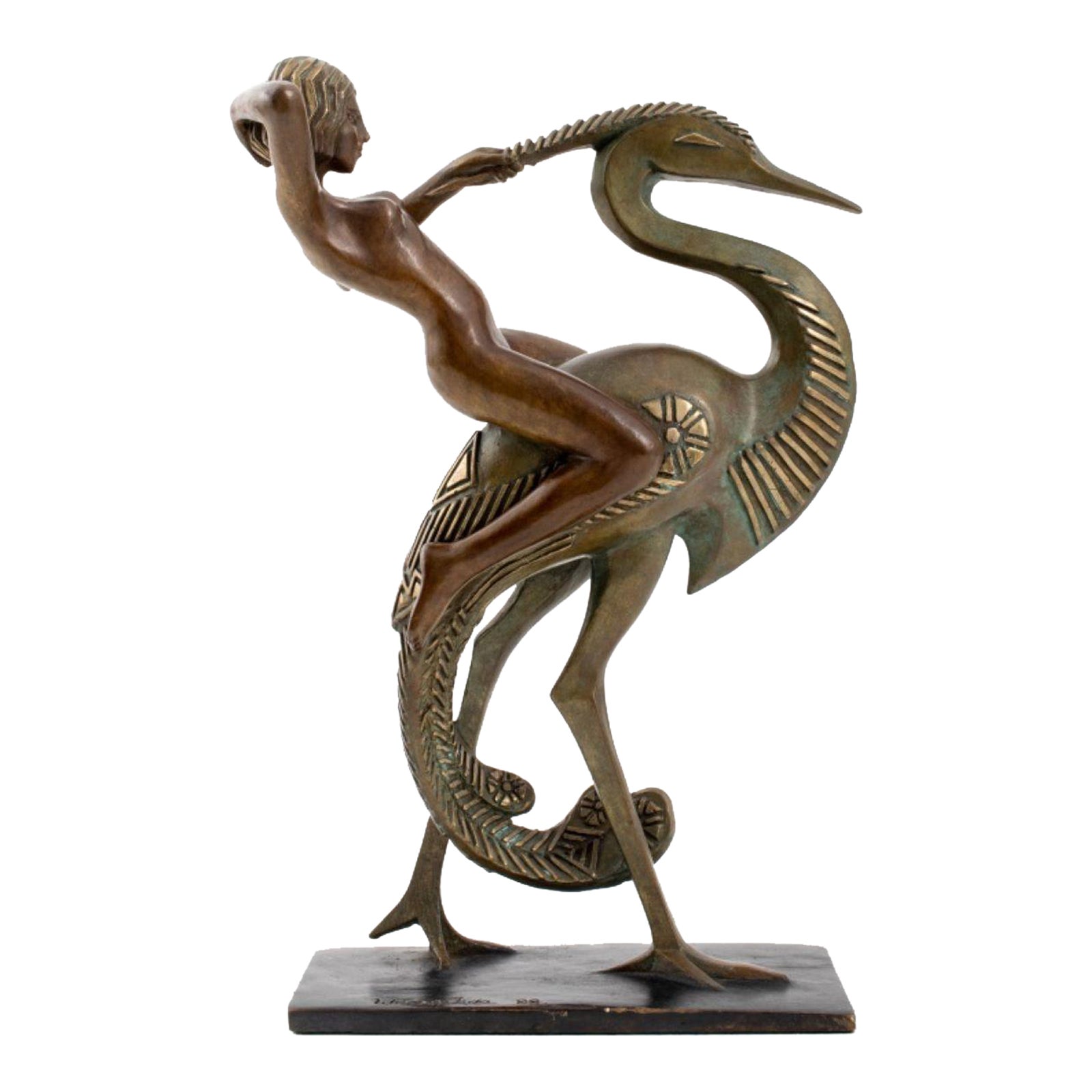 Wang Jida "Woman Riding a Heron" Bronze, 1988 | Chairish