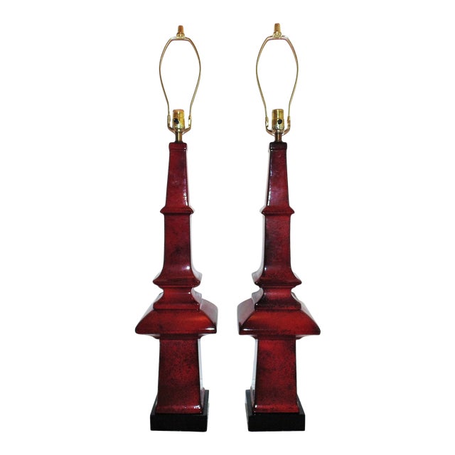 Monumental Red Pagoda Table Lamps Chinese Chinoiserie Asian Mid-Century ...