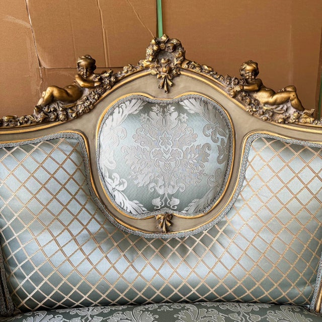 French Rococo Style Sofa Sky Blue Color and Gold Leaf Details | Chairish