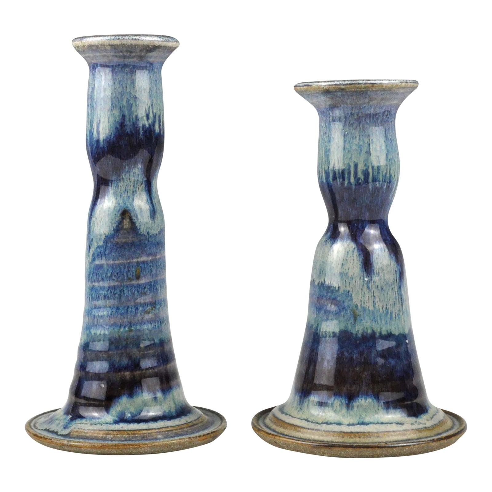 Vintage Handmade Blue American Ceramic Candlesticks- a Pair | Chairish