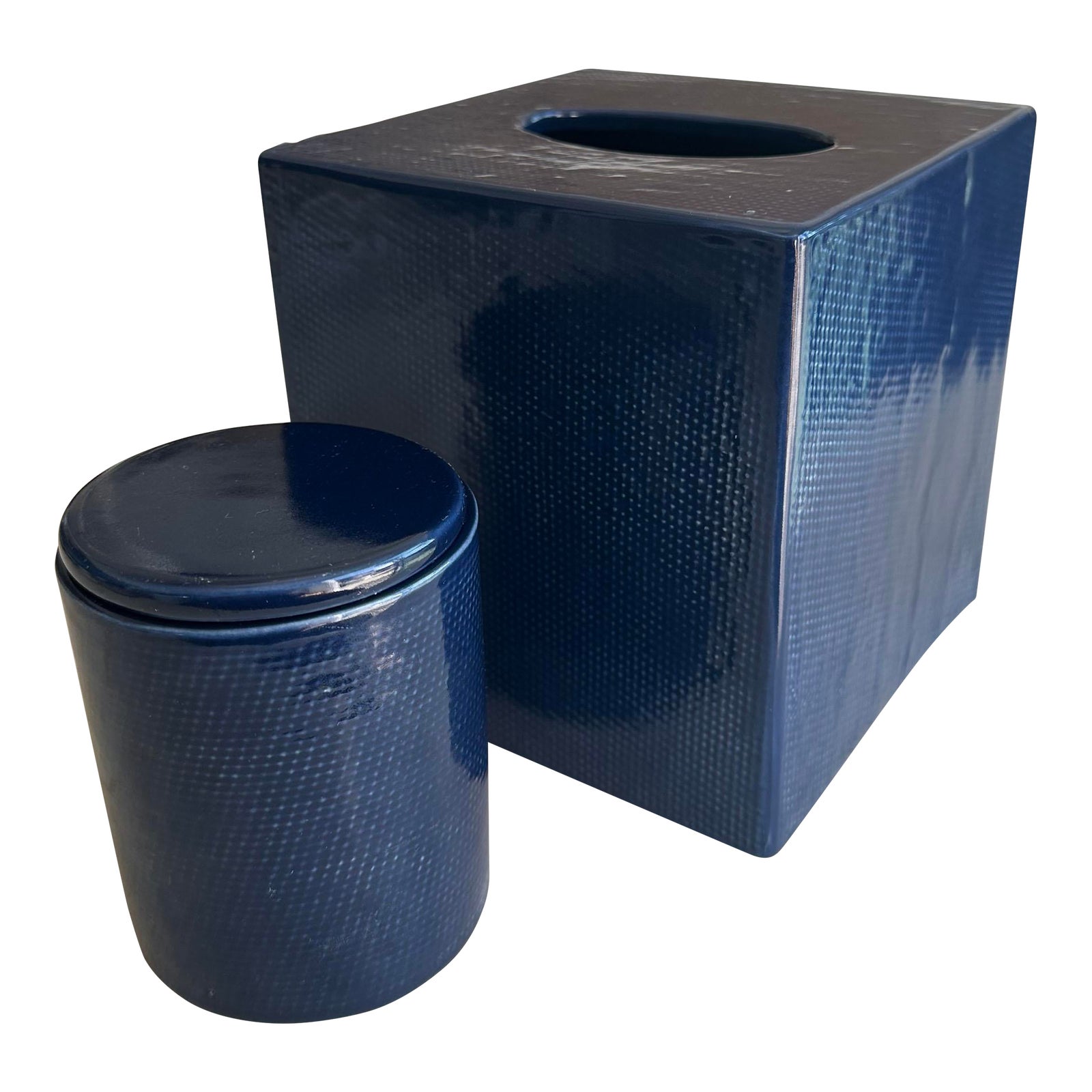 Pigeon and Poodle Blue Ceramic Tissue Box and Cup - New | Chairish