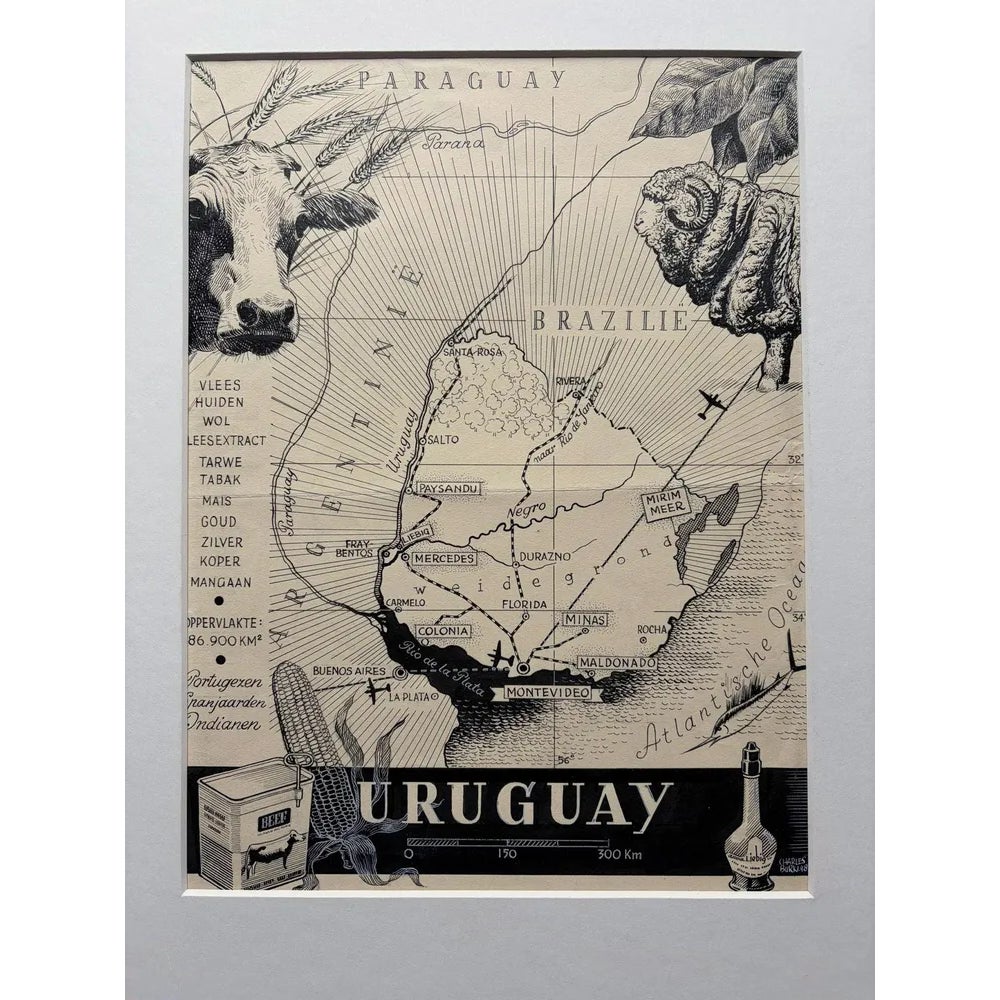 Art Deco Map of Uruguay by Charles Burki, 1948 | Chairish