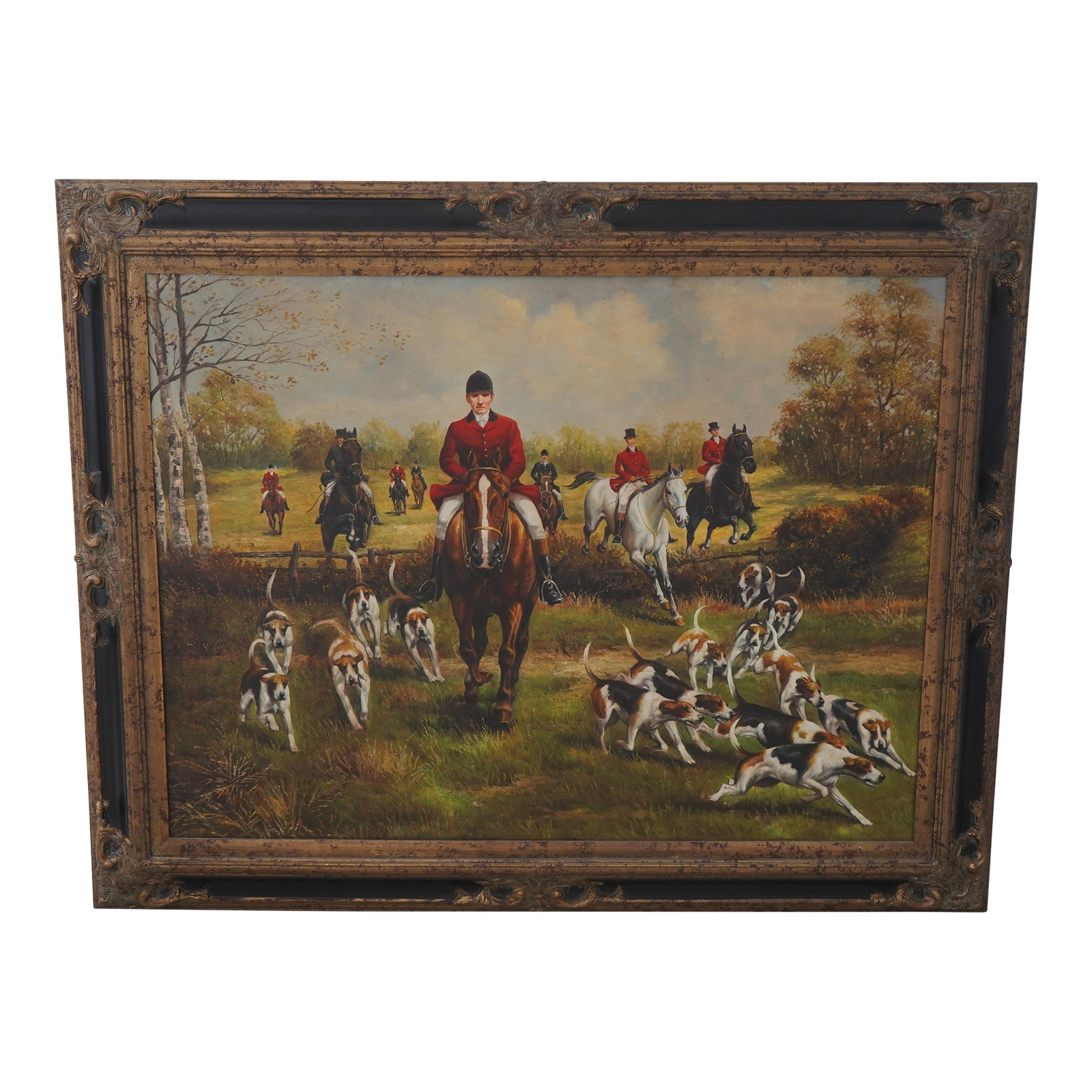Large Framed English Hunt Scene Oil Painting on Canvas | Chairish