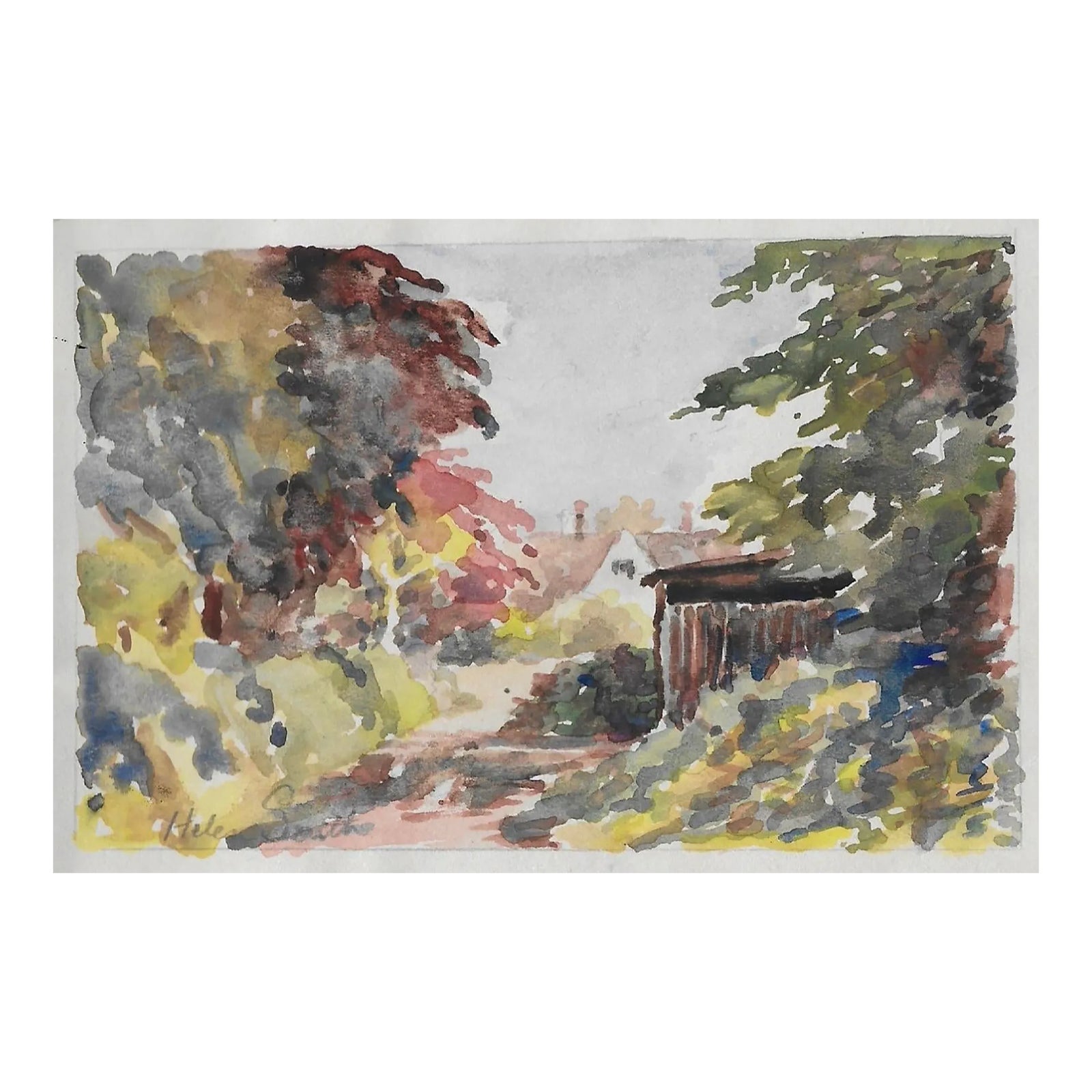1945 Helen Smith English Village Watercolor | Chairish