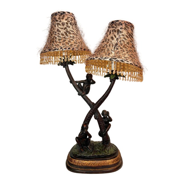 Vintage Three Wise Monkeys on Crossed Palm Tree Table Lamp With Leopard ...
