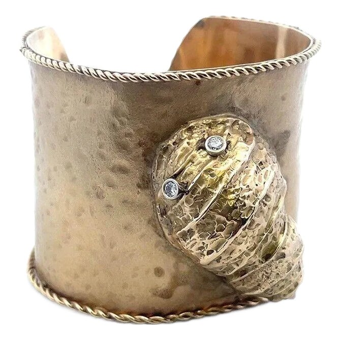 Conch Shell Gold Bracelet 14k Wide Yellow Cuff Diamond Bangle 98 grams ...