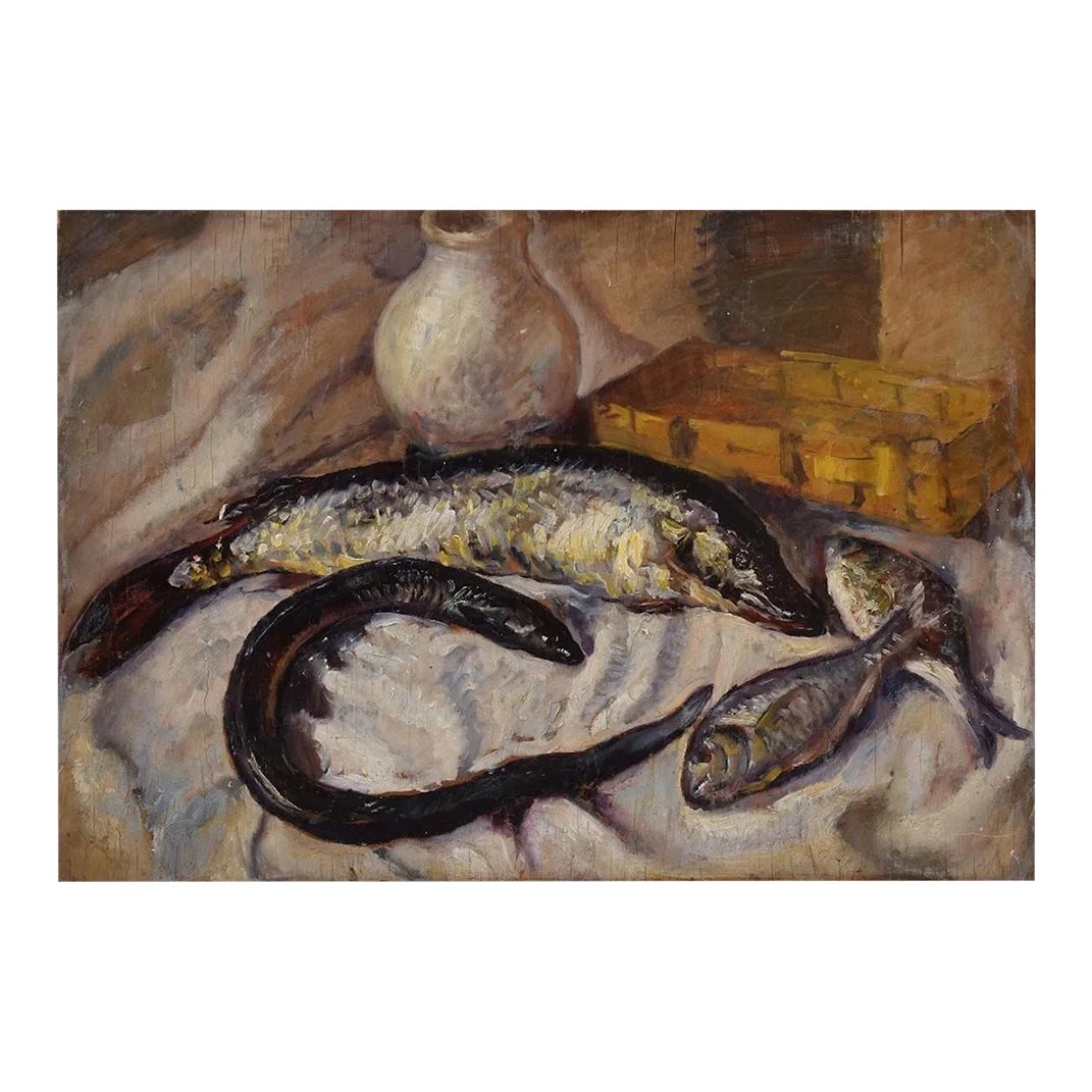 Still Life with Fishes - Original Oil on Wood Panel 1935 ca. | Chairish