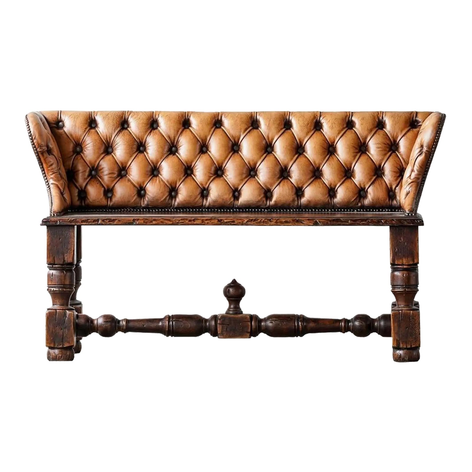 Matthew Izzo Home English Country House Leather and Oak Wood Bench | Chairish