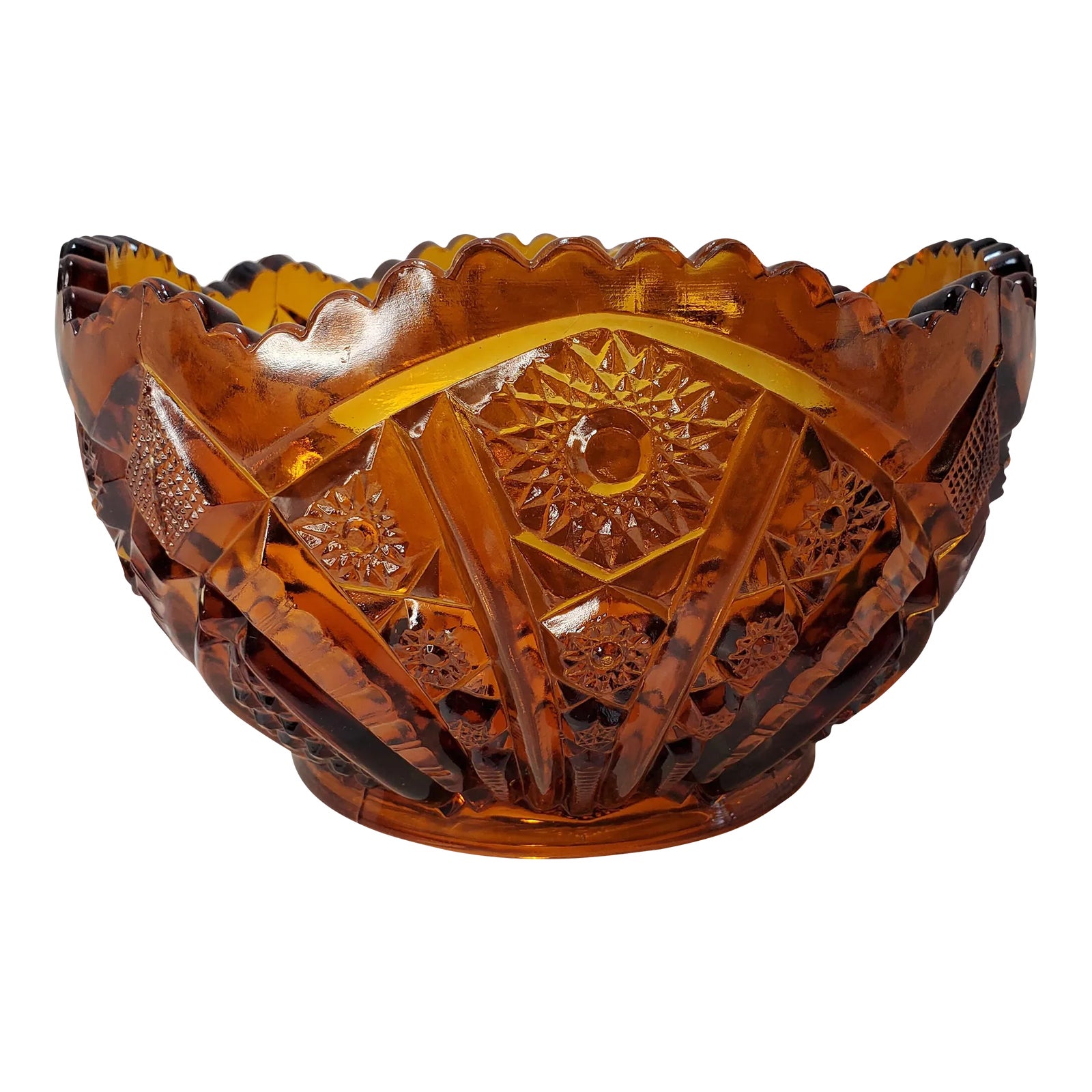 Rustic Sawtooth Edge Hobstar Dark Amber Glass Bowl | Chairish