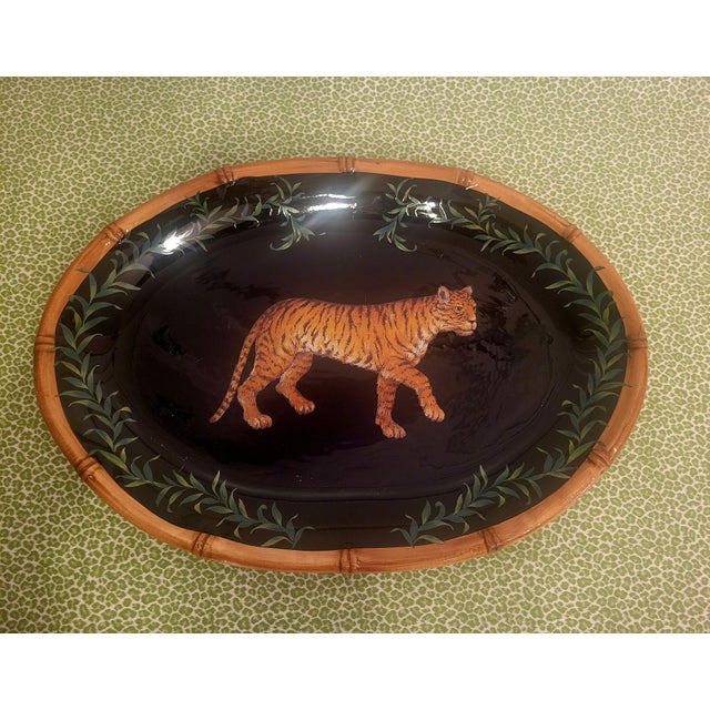 Regency Black Tan Whimsical Tiger Ceramic Tropical Faux Bamboo Serving ...