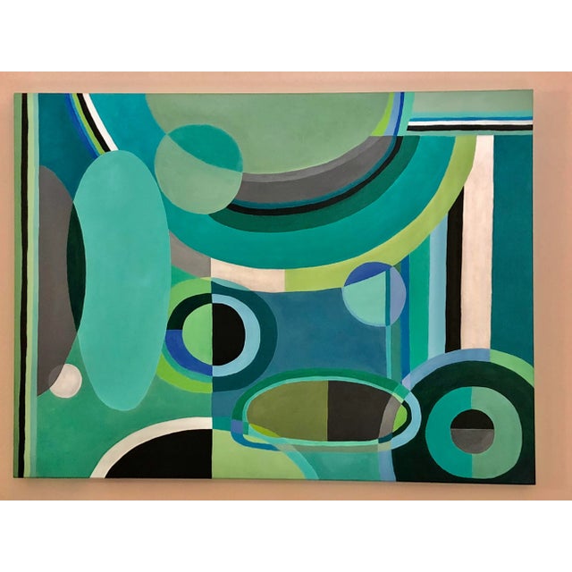 Large Rectangular Abstract Painting in Blues and Greens | Chairish