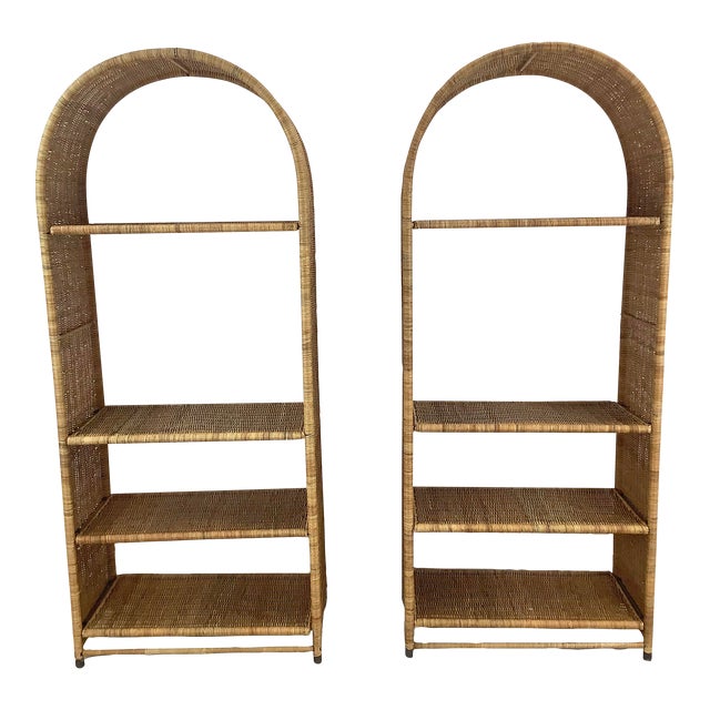 Pair Boho Modern Wicker Arch Top Etageres | Chairish